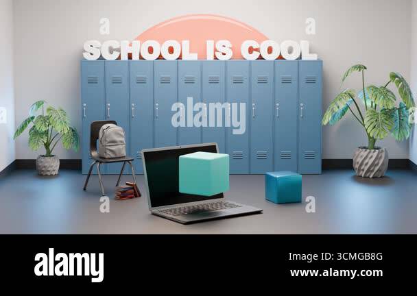 Positive educational video with 'School is Cool' text, lockers ...