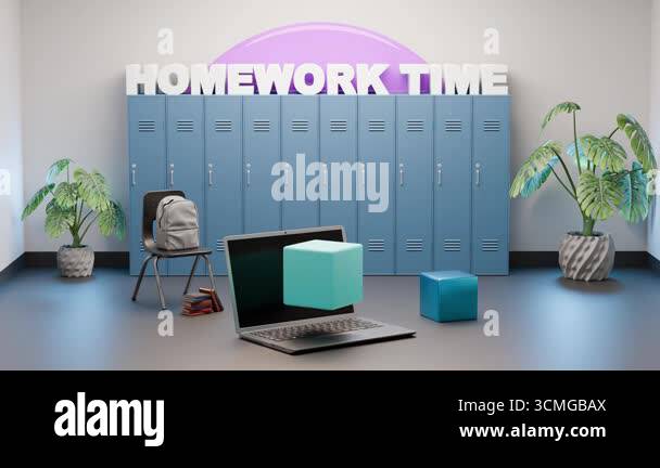 Animated classroom scene with 'Homework Time' text, lockers, backpack, chair, and laptop ...