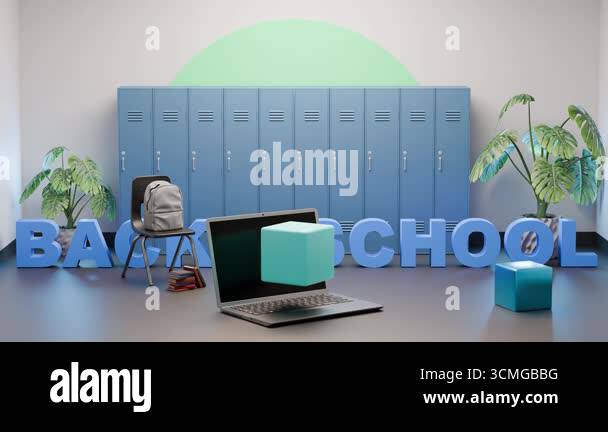 Animated back to school scene featuring blue lockers, backpack, chair ...