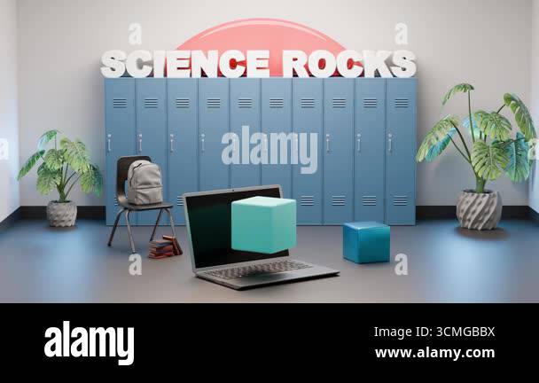 Fun educational animation with 'Science Rocks' text, lockers, backpack, chair, and laptop ...
