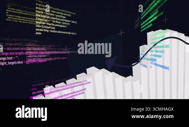 At launch 3D bar chart pulsing sine-wave sweeping code snippets scrolling visualizing data ...