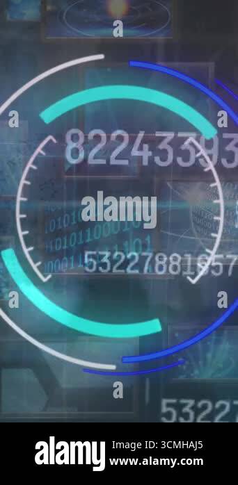 Animation of processing circle and changing numbers over diverse data on screens. global ...