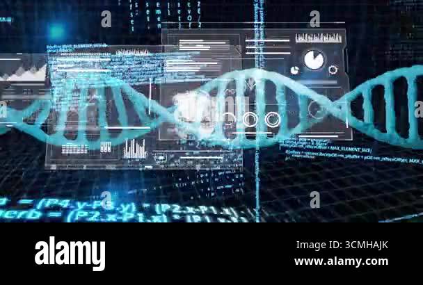 Panels fading from right causing glowing blue DNA helix rotating while code streaming for lab ...