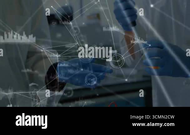 Network nodes appearing then gloved hands adjusting pipette and ...