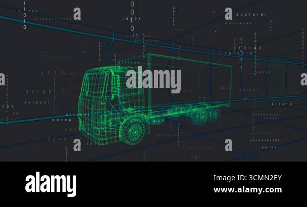 On start neon-green wireframe truck appearing, grid shifting and binary flowing visualizing data ...