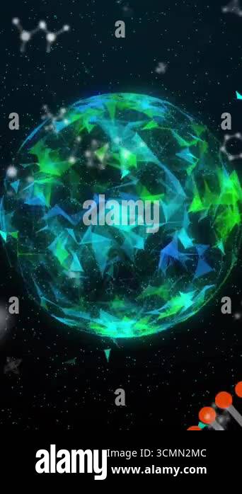 Animation of dna and data processing over globe on black background. Global science, data ...