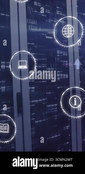 Animation of interface with multiple digital icons and mosaic squares against computer server ...