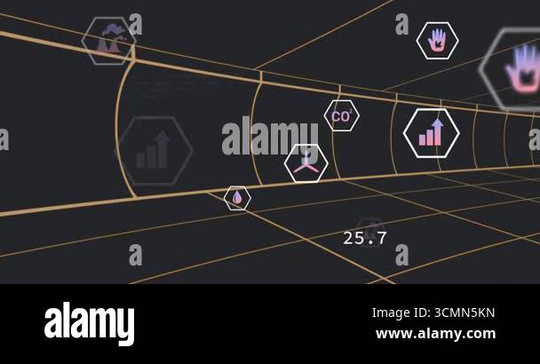 Camera moving in yellow grid tunnel, hexagon icons floating, numeric overlays showing eco data ...