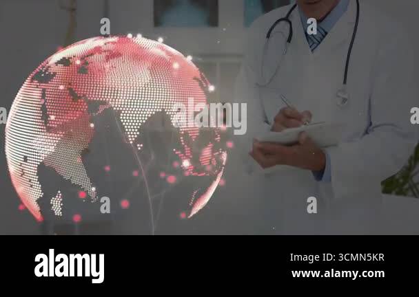Doctor writing on clipboard in clinic creating rotating globe with light trails signaling data ...