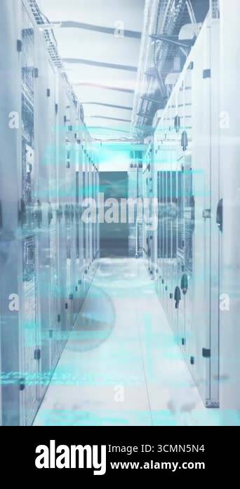 Animation of multiple screens with data processing against empty computer server room. Business ...