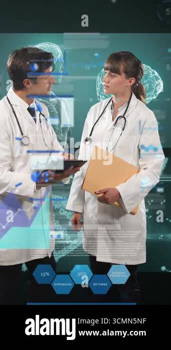 Animation of data processing over caucasian male and female doctors ...