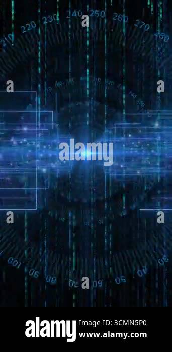 Animation of network of connections with light spots over falling lines ...