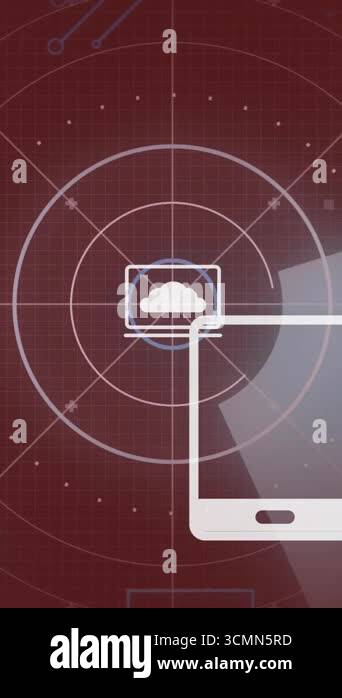 Animation of scope scanning and financial data processing over dark background. Global finance ...