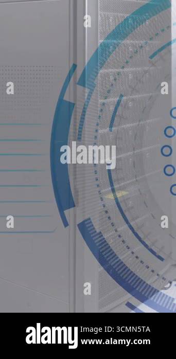 Animation of fingerprint in loading circles over data server racks in ...