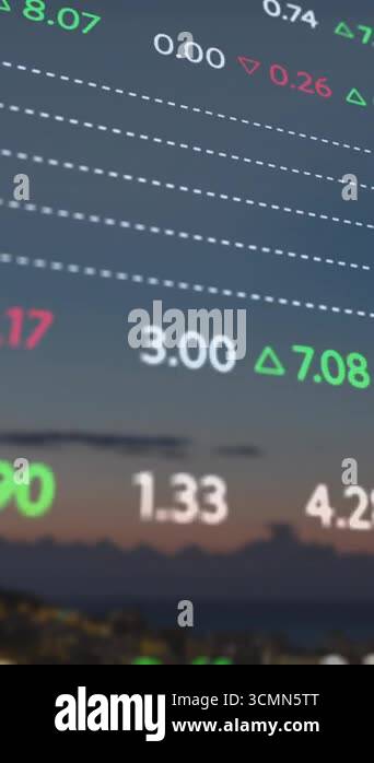 Animation of stock market and diagrams over cityscape. Global business ...