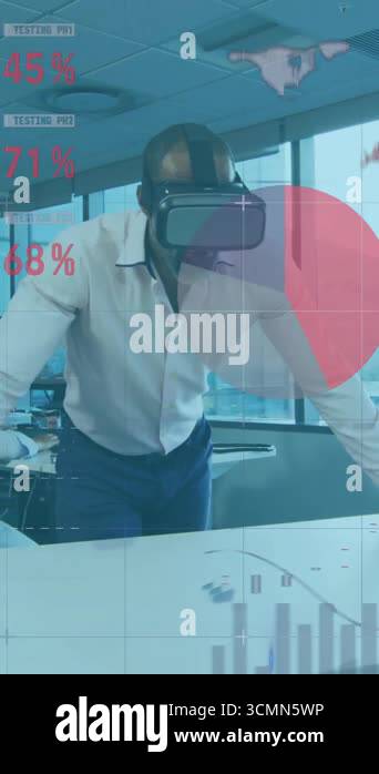 Virtual reality data analysis animation over business people in modern ...