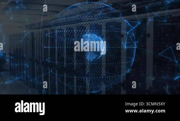 Opening data center revealing holographic globe rotating with pulsing ...