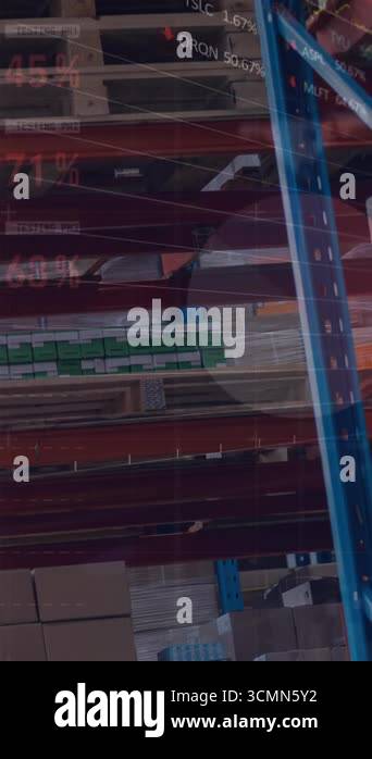 Animation of financial data and graphs over warehouse. trade, delivery ...