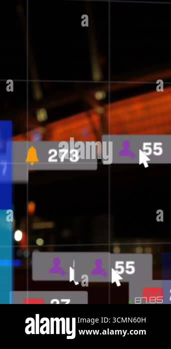 This video shows a cityscape with social media icons and numbers ...