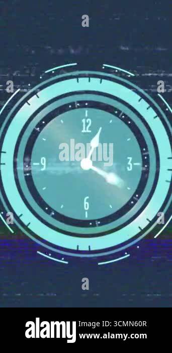 Animation of clock moving fast over screen with glitch. Global connections and data processing ...