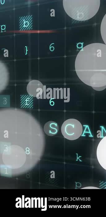 Floating bokeh lights animation over digital grid with letters and numbers. Data, technology ...