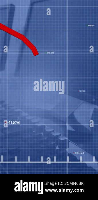 Animation of red graph declining with numbers over desktops and ...