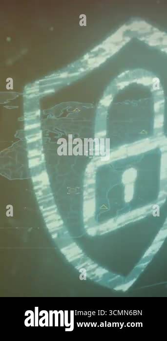 Animation of security padlock and biometric fingerprint scanner over world map and data ...