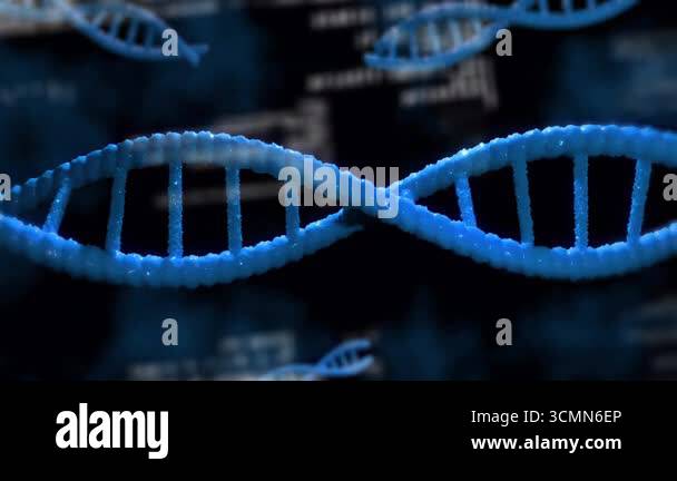 Blue DNA helix appearing against code background, rotating, drifting and visualizing data flow ...