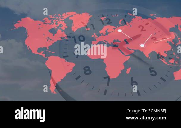 Opening showing clock and red world map animating markers sweeping ...