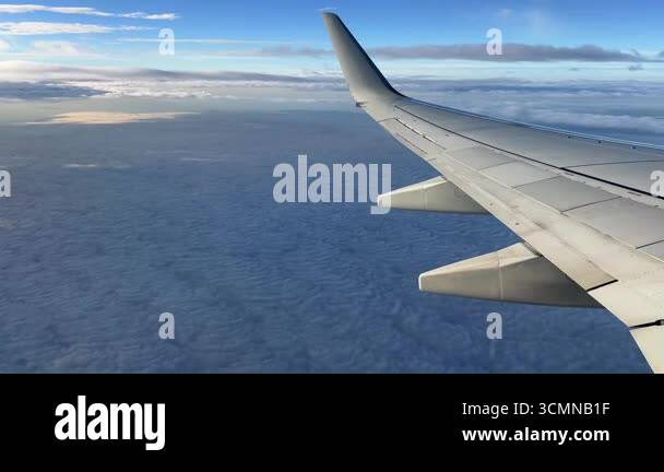Passenger view of airplane wing flying over vast blue ocean. Travel and ...