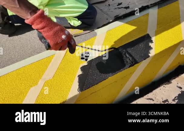 Painting safety stripes on railway platforms. Painting railway platform ...