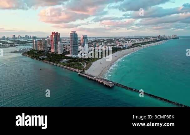 Miami south beach aerial sunset. Skyscraper at south pointe park ...
