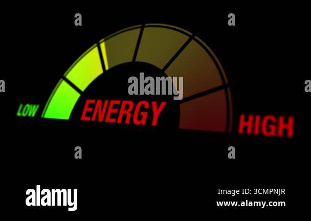 Graphic animation of an energy level gauge, vividly indicating low to ...