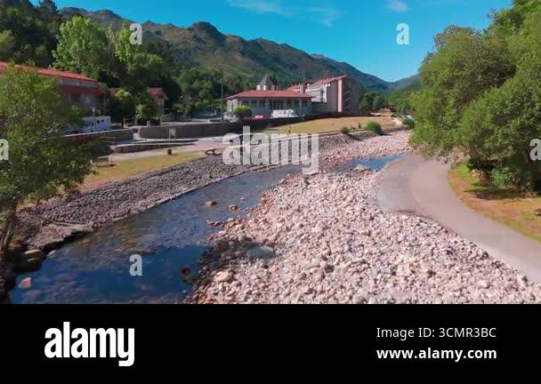 Aerial view of Caldaria de Lobios public hot springs in Os Banos ...