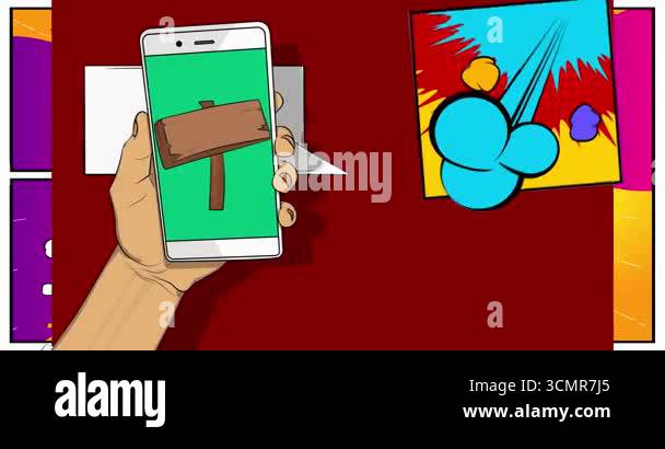 Cartoon Smartphone, comic book Telephone with wood signboard. Retro ...