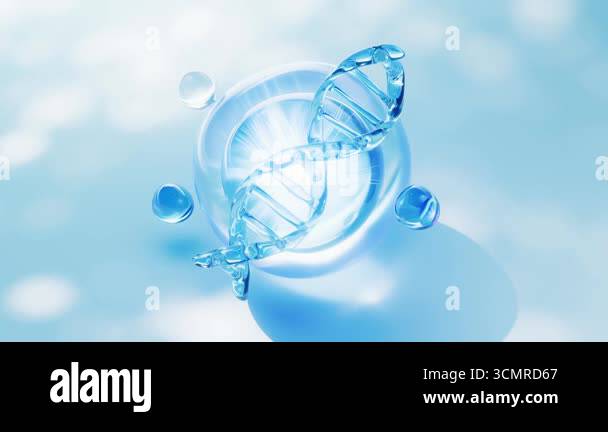 Biological DNA with transparent blue bubbles background, 3d rendering ...