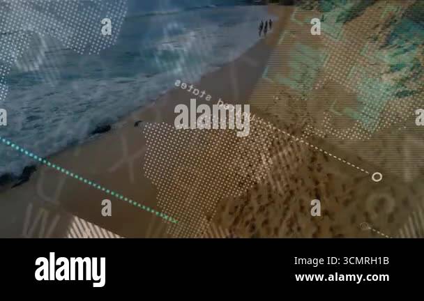 Three companions walking shore map overlay fading in and animating data ...