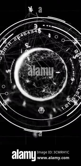 Animation of globe with data processing over dark background. Global artificial intelligence ...