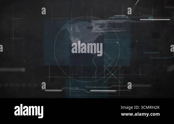 Globe emerging rotating scanning band revealing continents while data ...