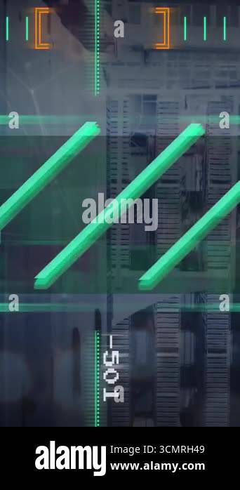 Animation of lines in viewfinder and changing numbers over data server systems in server room ...