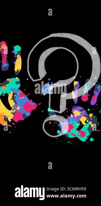 Animation of question marks over handprints on black background. Global ...