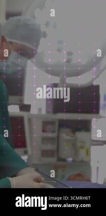 Surgeons performing operation with heart rate animation over medical ...