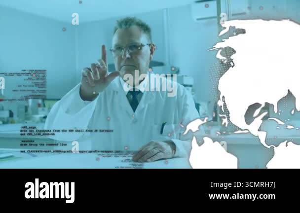 Lab scientist raising finger launching hologram globe swiping, pinching analyzing data points ...