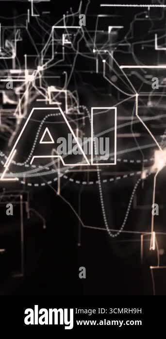 Animation of ai text, data processing and connections on black background. Global artificial ...