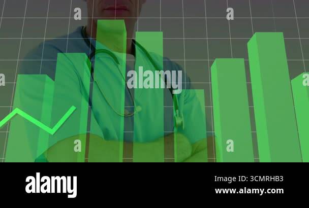 Doctor in scrubs observing green bars and line graph growing into ...