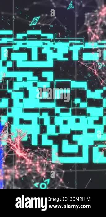 Animation of qr code over network of connections on black background ...