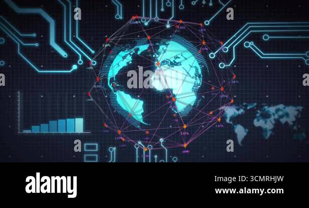 Glowing globe driving network nodes forming, bar chart growing, globe rotating showing data ...
