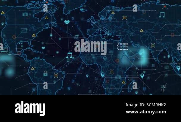 Opening neon-blue world map emerging while glowing numbers pulsing and ...