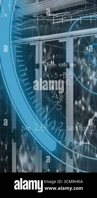 Animation of processing circle and math formulas over servers. Data ...