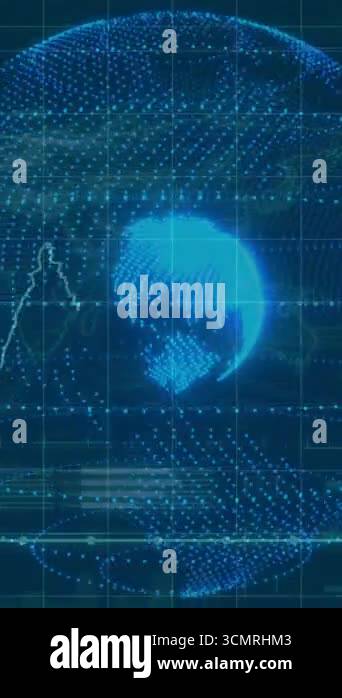 Animation of globe and fluctuating graphs over digital grid background ...